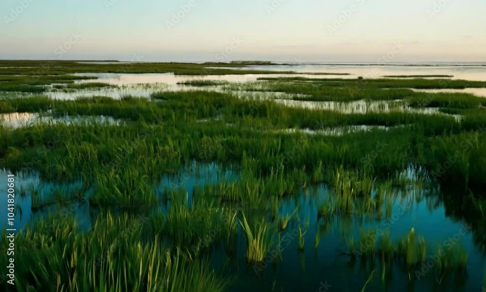 Dolly shot with lush coastal marsh: The camera starts with a close-up ...