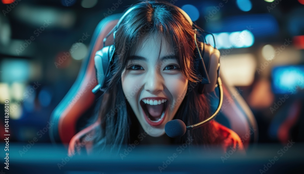 Young gamer celebrating a victory at a gaming tournament in a vibrant ...