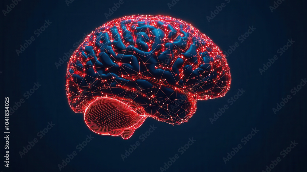 Abstract image of a human brain wired with glowing digital cables ...
