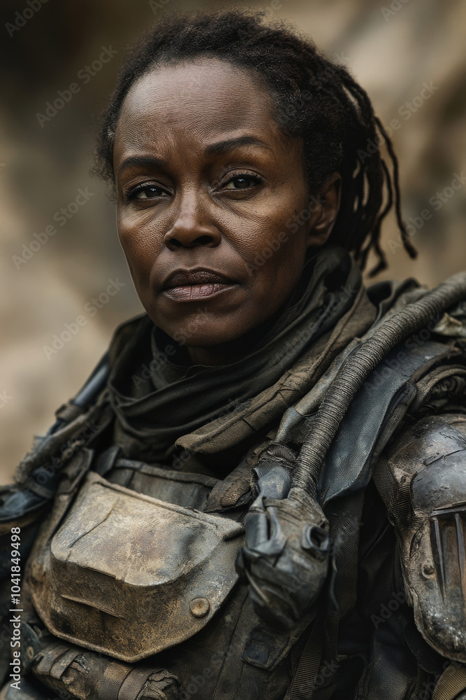 A portrait of a middle-aged African American female soldier with battle ...