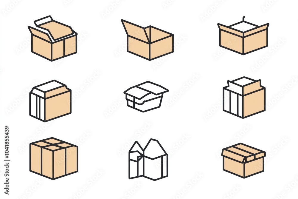 Box and packaging line icon set. Cargo, open, closed, crumpled box ...