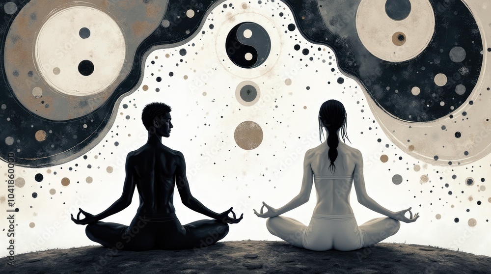 An illustration of two figures in a peaceful yoga pose, surrounded by ...