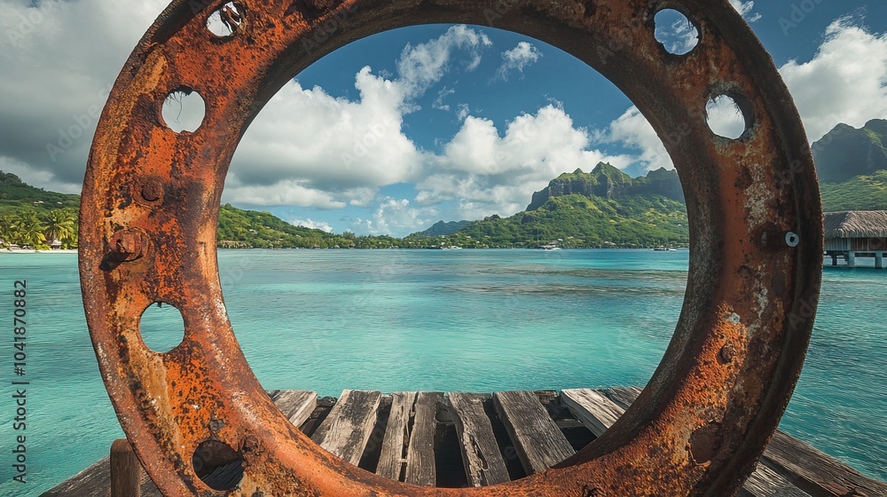 Rusted metal boat lift in south pacific ocean on the tropical island ...