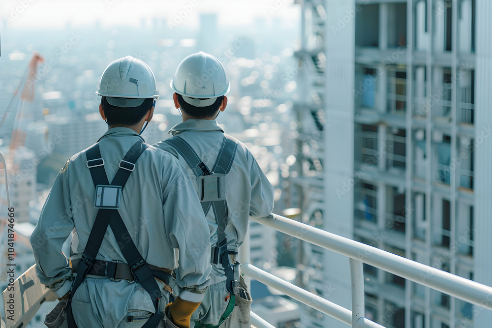 Japanese construction workers wearing work smile and look at the camera ...