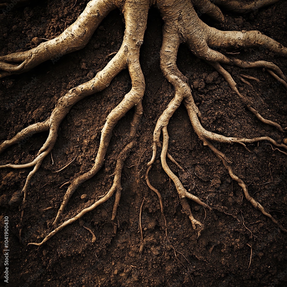 Exposed tree roots spread across rich, dark soil, showcasing the ...