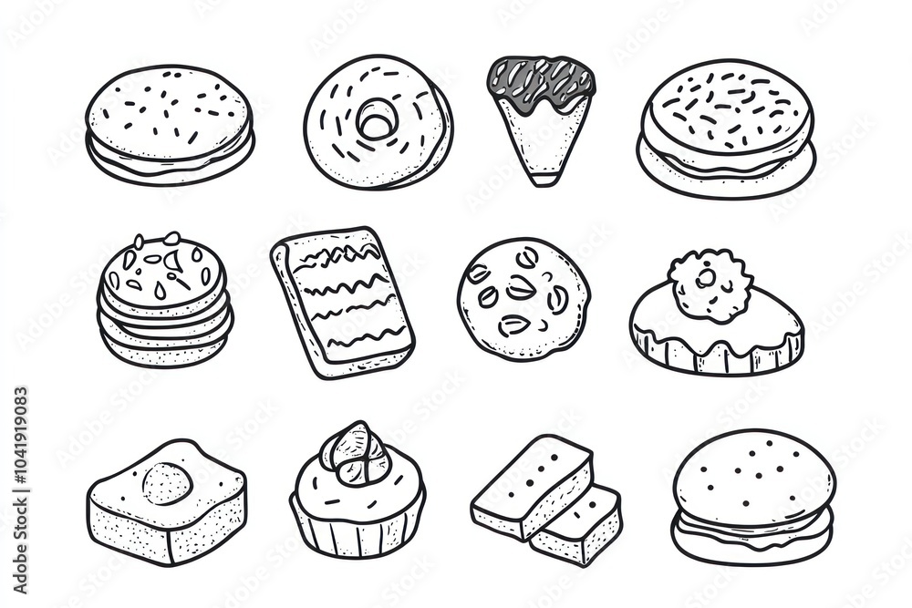 Vector line art, vector icons for cookies and pastries, white ...