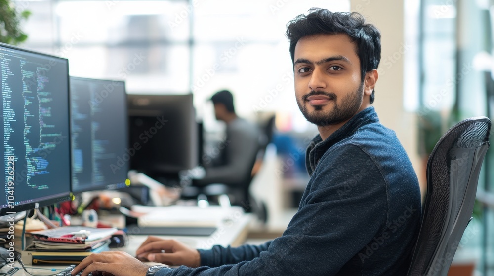 Young Indian male software developer working at a desk in an office ...