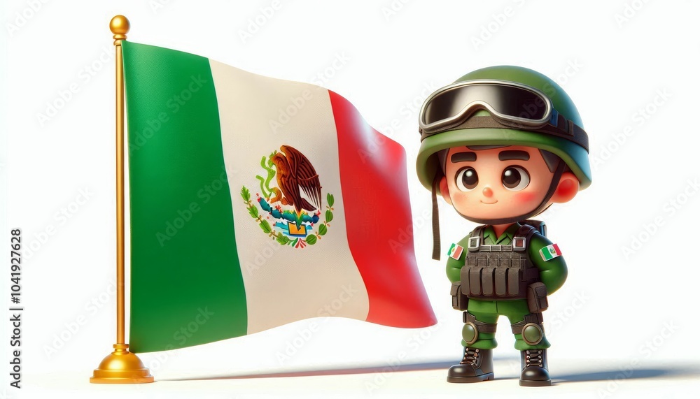 3d render of a boy wearing Mexico Army uniforms. There is an Mexico ...