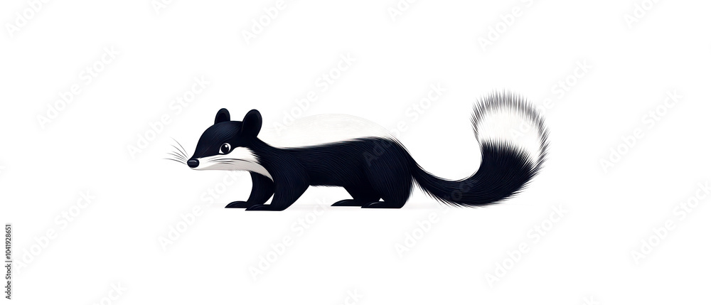 A sleek black animal with a bushy white-tipped tail, poised on a white ...