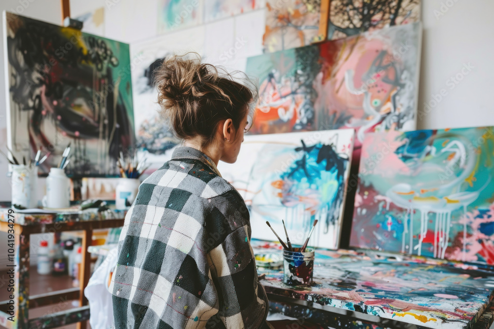 A creative lifestyle portrait of an artist painting in a vibrant studio ...