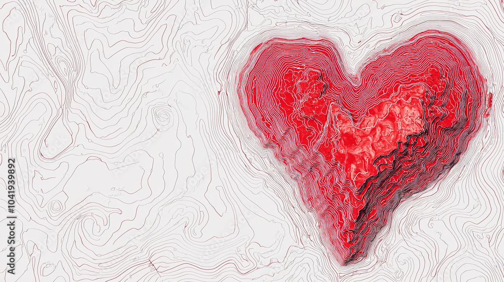 Red heart-shaped topographic map with 3D contour lines on a white ...