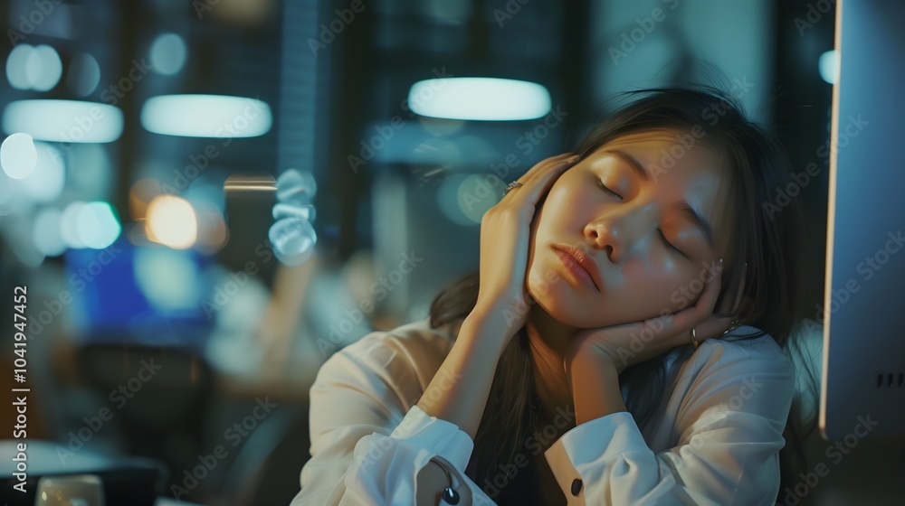 Exhausted Businesswoman Sleeping at Her Workplace Desk: A Tired Asian Woman in a Suit Overworked ...