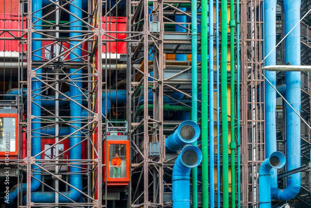 Colorful elevator and pipes at Centre Pompidou (or Beaubourg), inside ...