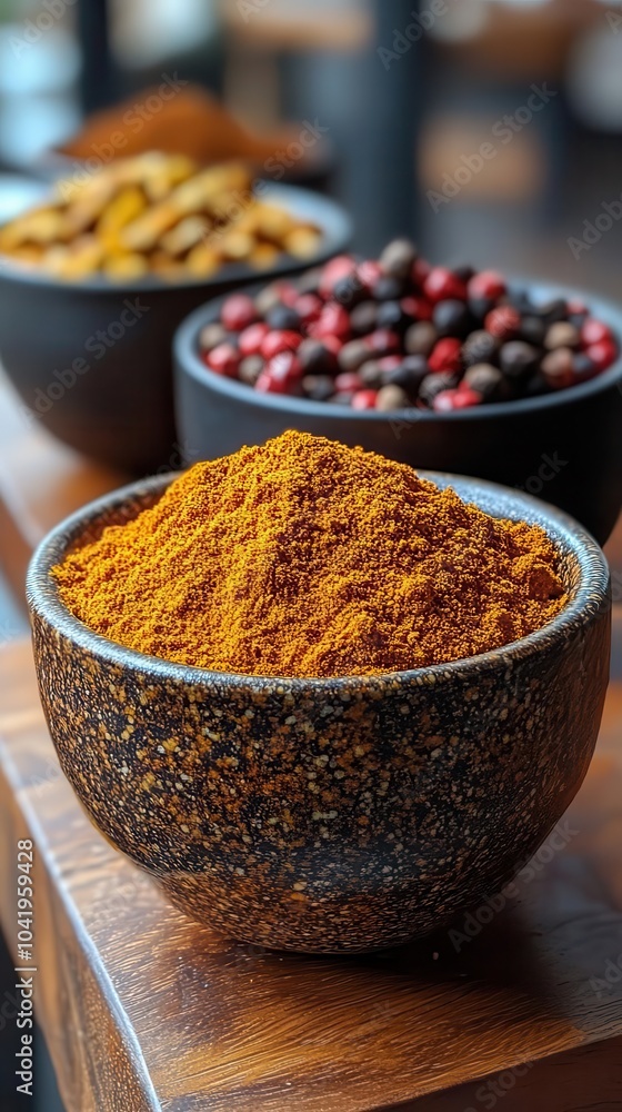 a beautifully arranged bowl filled with red and yellow spices ...