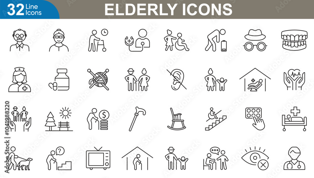 Elderly outline icons set. Grandfather, golden age, senior, generation ...