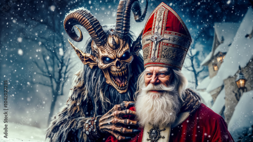 Krampus demon with horns and St. Nicholas standing together in snowy ...