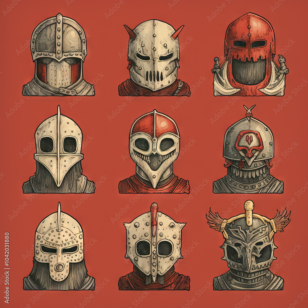 Mystic knight portraits set in metal armor. Occult scary knights in ...