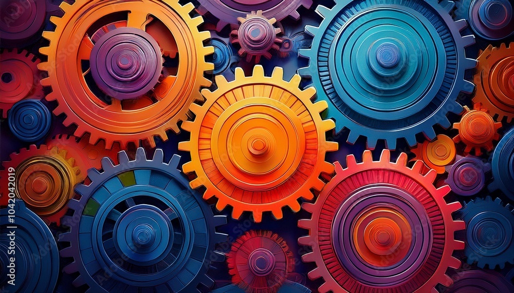 a collection of colorful gears with one of them being orange the gears ...