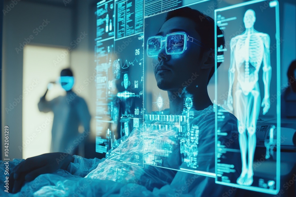 Futuristic patient wearing augmented reality glasses, interacting with ...