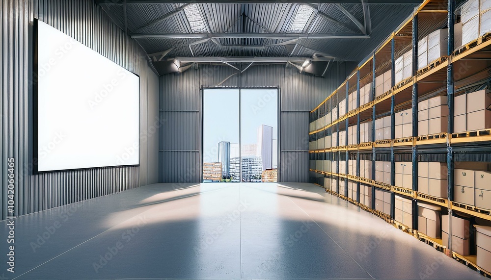 Contemporary warehouse interior with empty mock up poster on wall ...