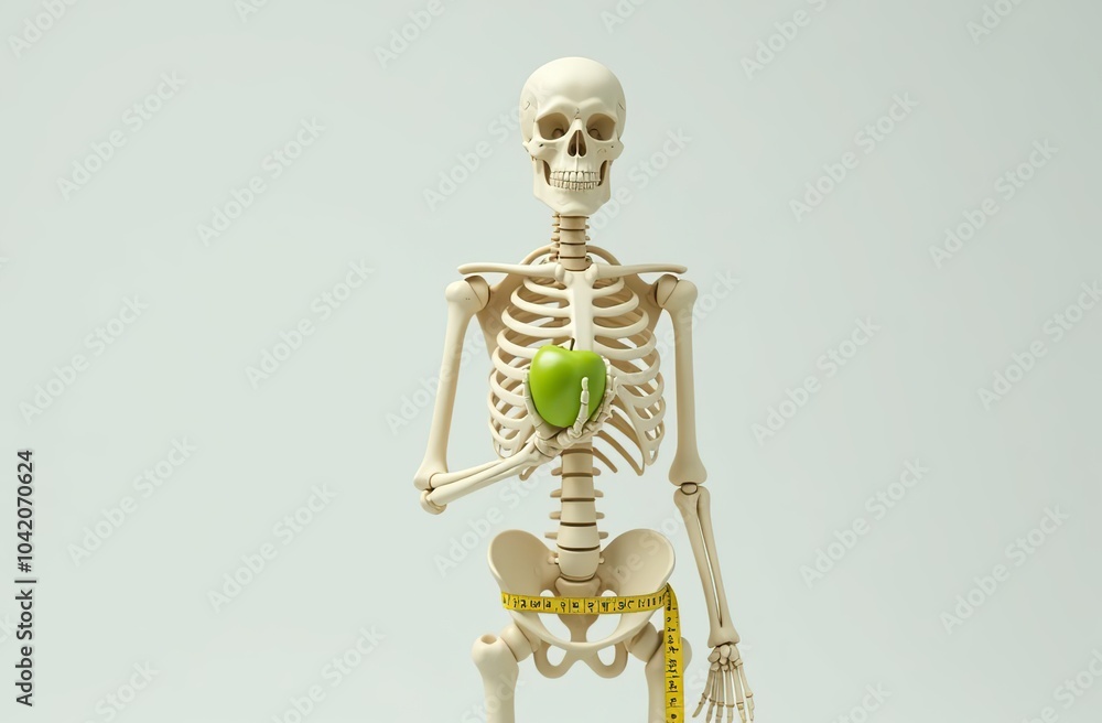 Full length, The concept of a skeleton holding a green apple. A tape ...