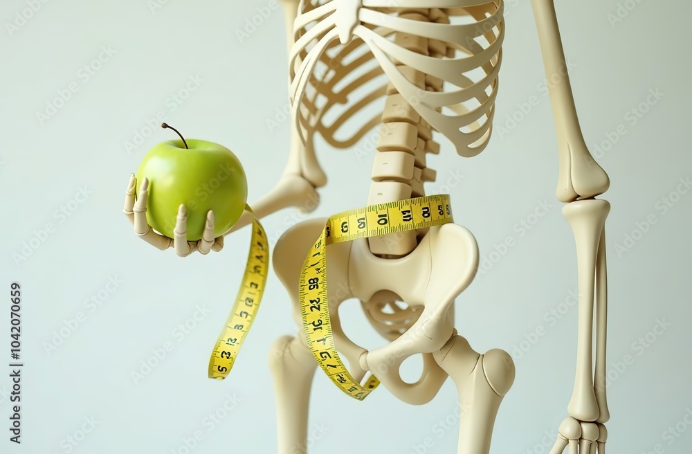 Full length, The concept of a skeleton holding a green apple. A tape ...