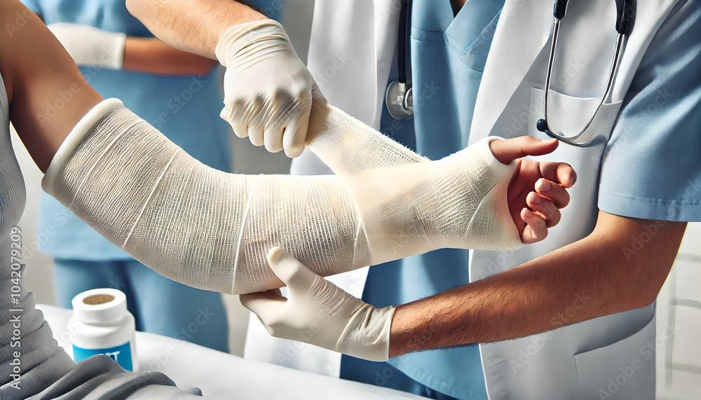 Healthcare professional applying cast to patient’s broken arm. show ...
