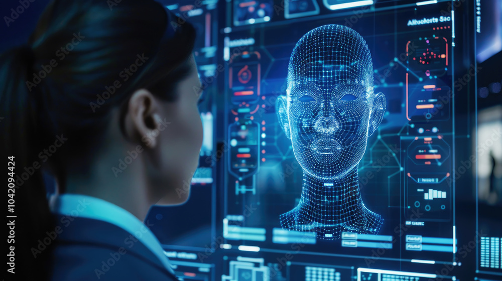 Human face on computer screen of biometric system in dark room or lab ...