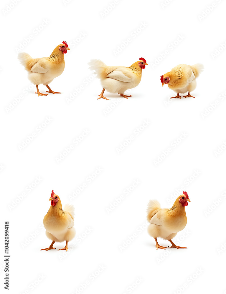 Six chickens in various positions on a white background- one pecking ...