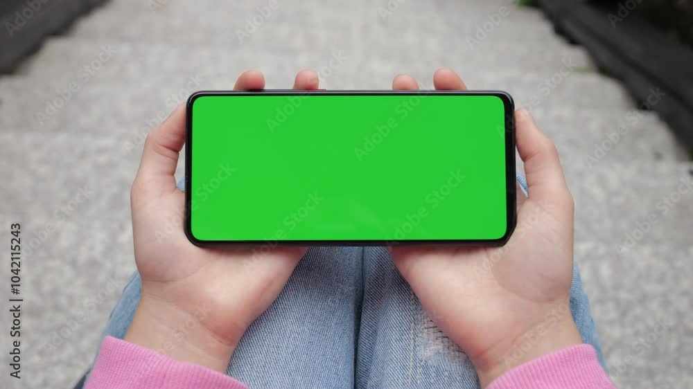 Female Using Mobile Phone With Green Screen Mockup Chroma Key. Person ...