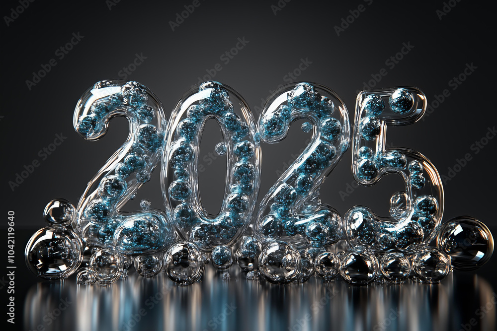 3D text "2025" made of bubbles, transparent background, high resolution ...