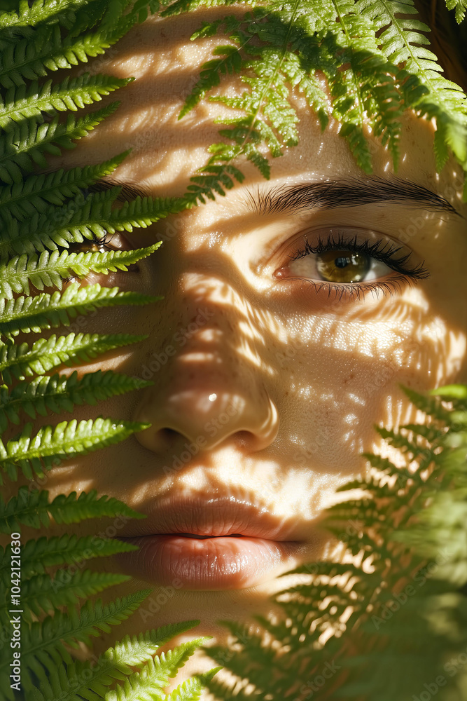 woman's face is partially hidden behind the leaves of ferns, with ...
