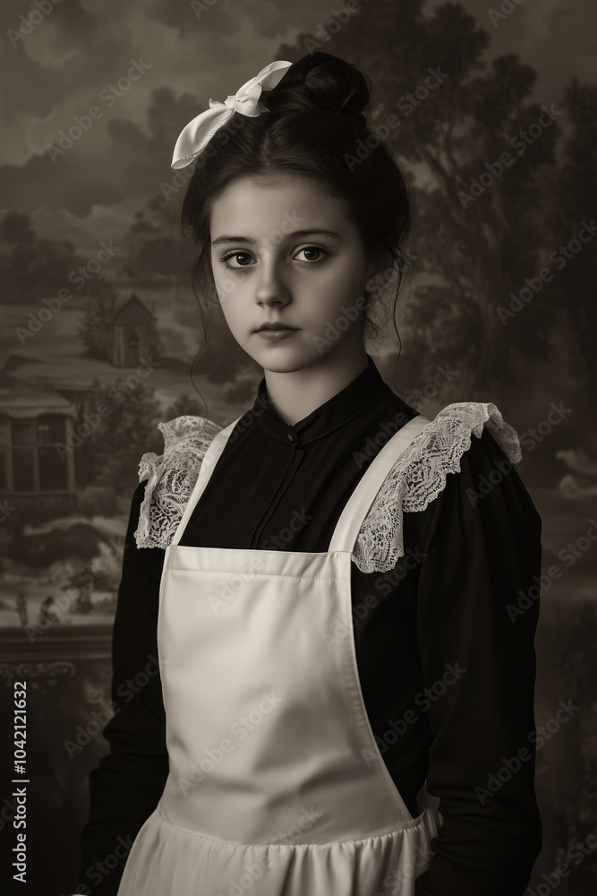 young maid wearing black and white, in an English estate background ...