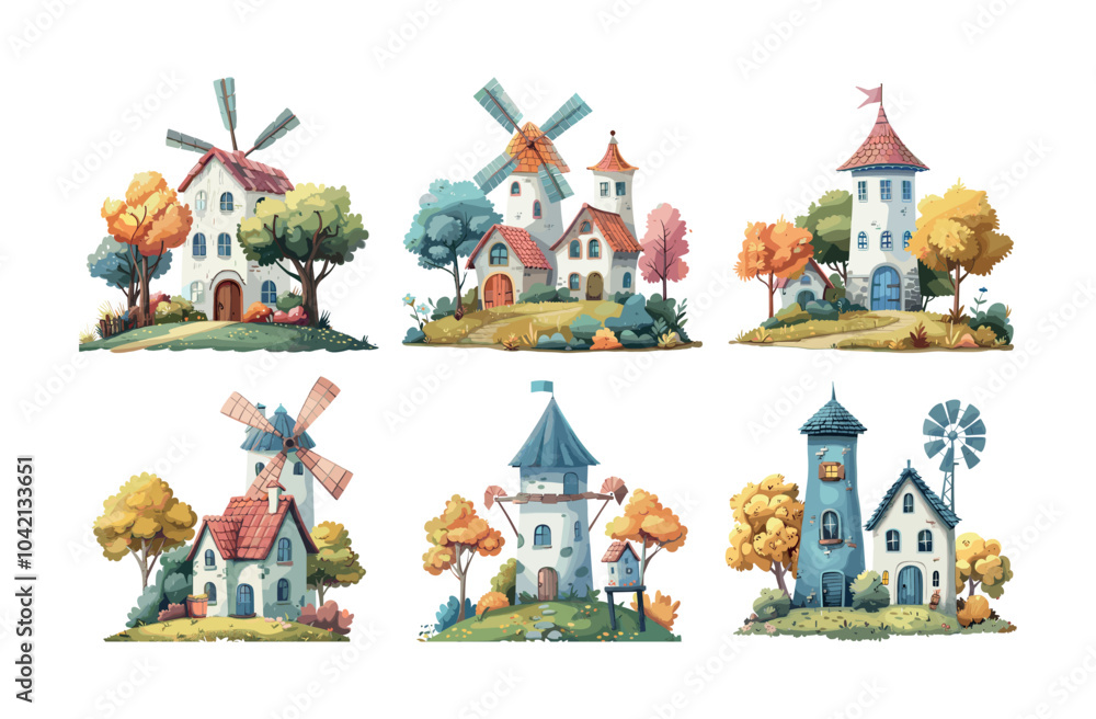 Countryside barns windmills cartoon vector set. Wooden stone silo ...