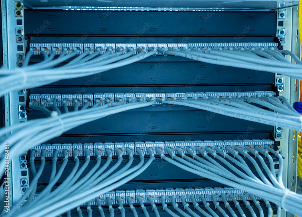 Detail shots of the server room. Firewall, fiber and RJ-45 cable image ...