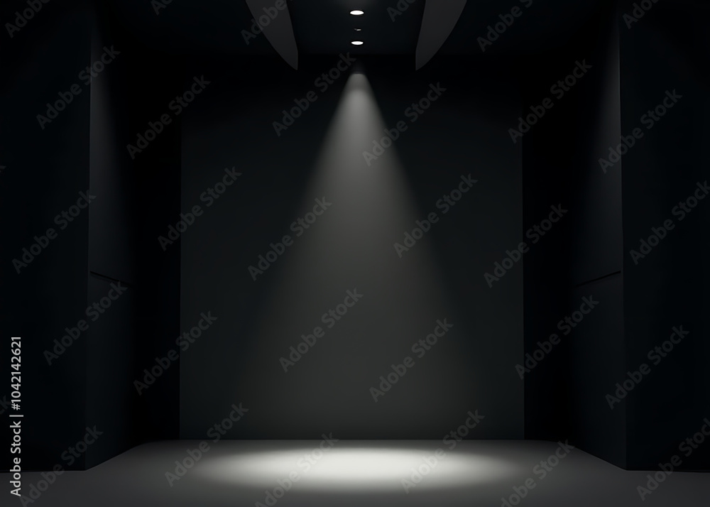 A modern performance stage with sleek black walls, minimalist design ...