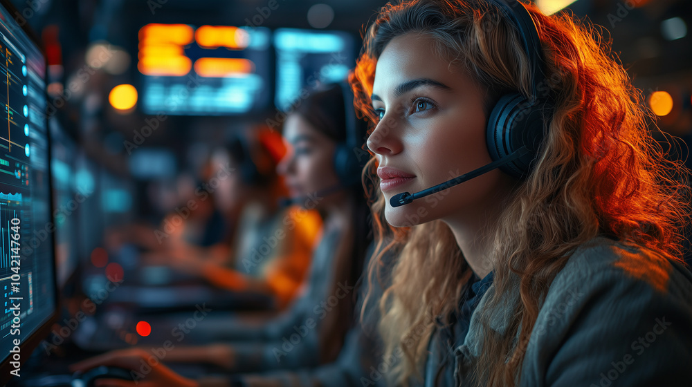 A team of call center workers gathered around a desk, discussing ...