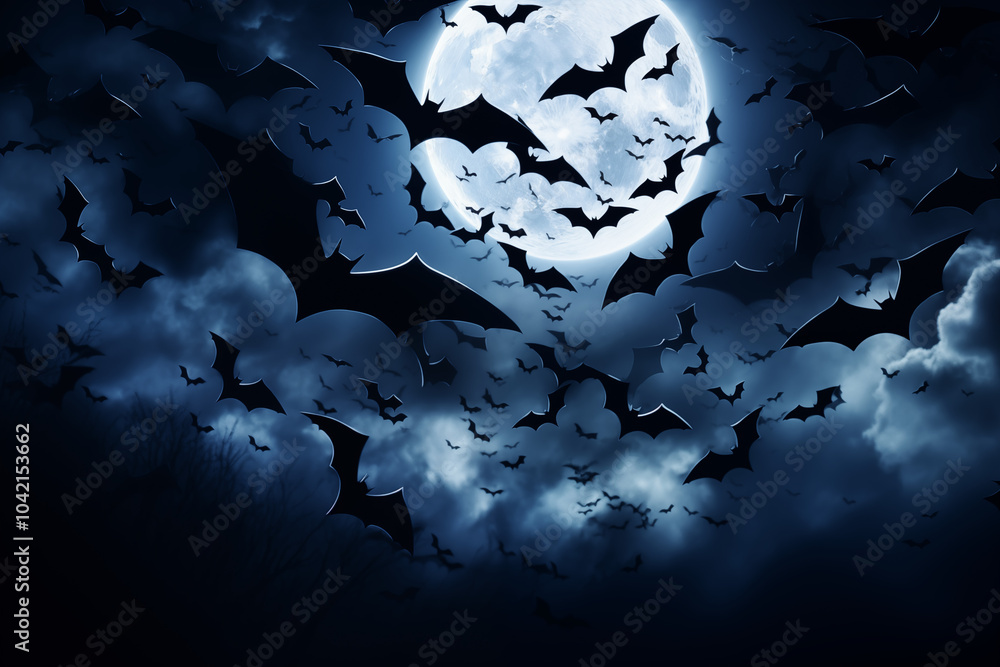 bats fly on sky with a full moon at night on dark blue background, for ...