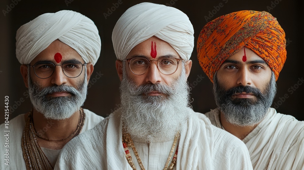 Three men wearing white turbans and traditional Indian clothing look ...