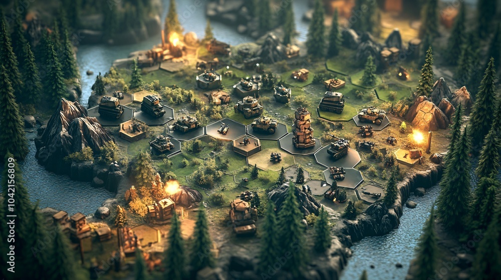 Top down view of a tactical war game featuring a hexagonal grid. The ...