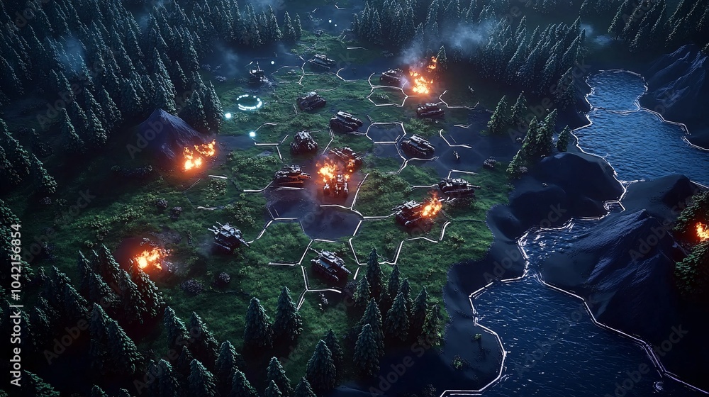 Explore a top down view of a tactical war game featuring a hexagonal ...