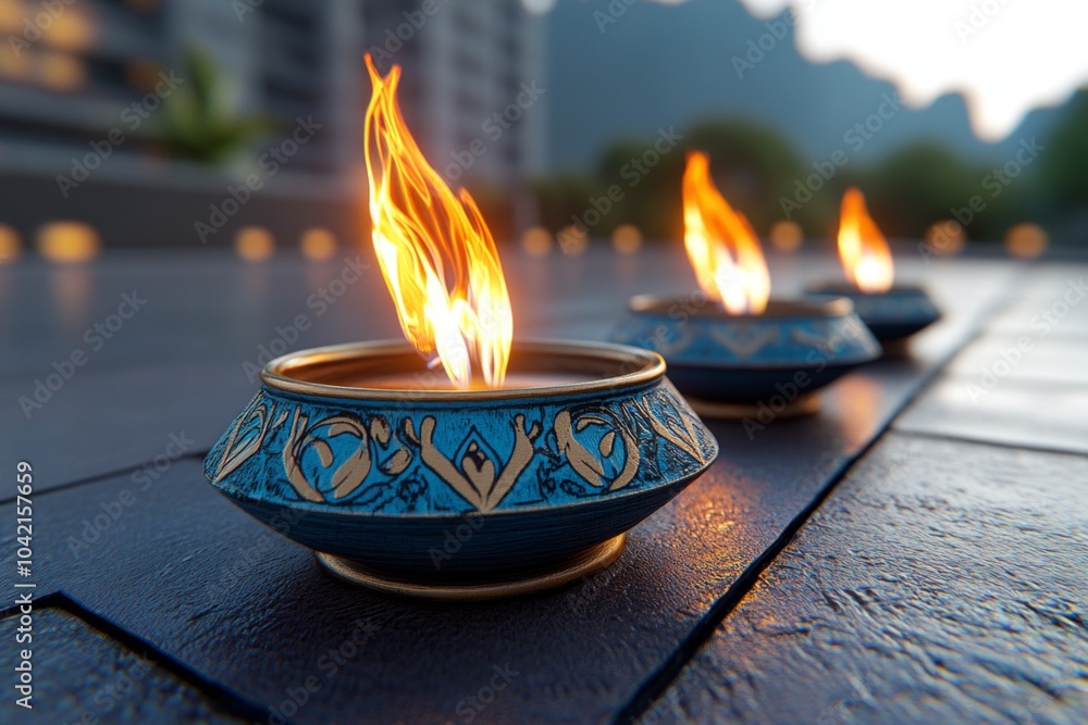 Hyper-realistic view of Aarti lamps on a deityâ€™s altar, showing the ...