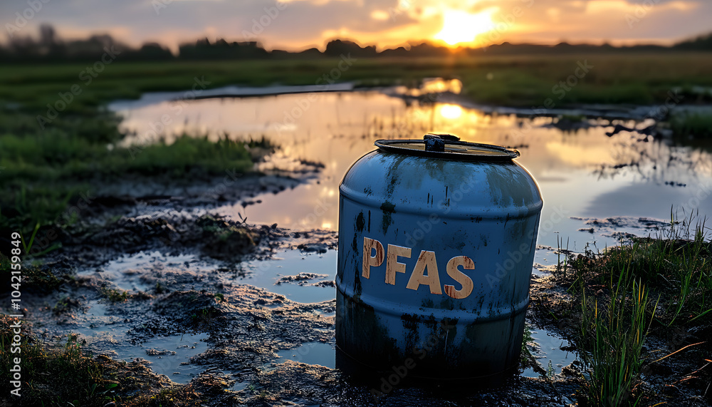 PFAS chemical container on the ground near a wetland during sunset ...