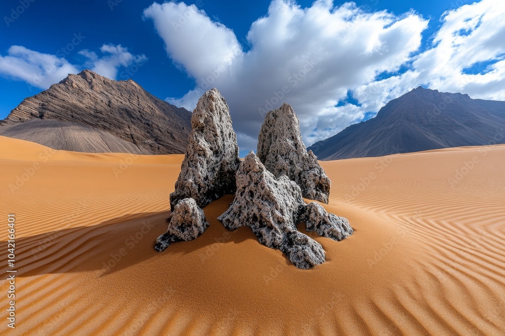 Ruined stone statues in a desert landscape, half buried in the sand ...