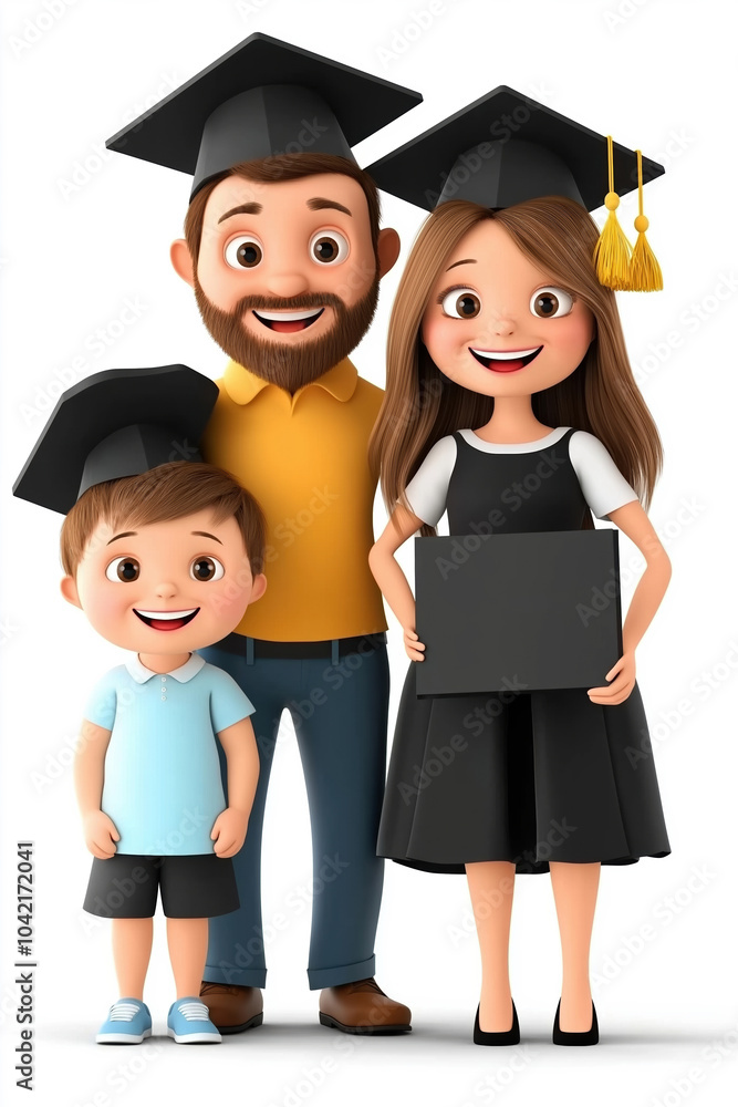 Smiling family celebrates graduation with caps and a diploma in a ...