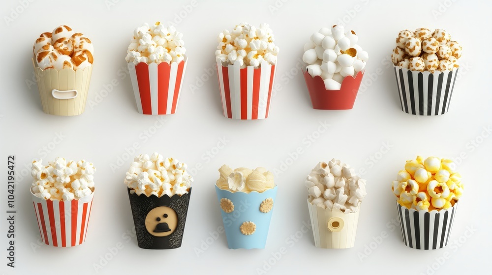 Cartoon Popcorn Icons Collection, vibrant 3D popcorn designs in a ...