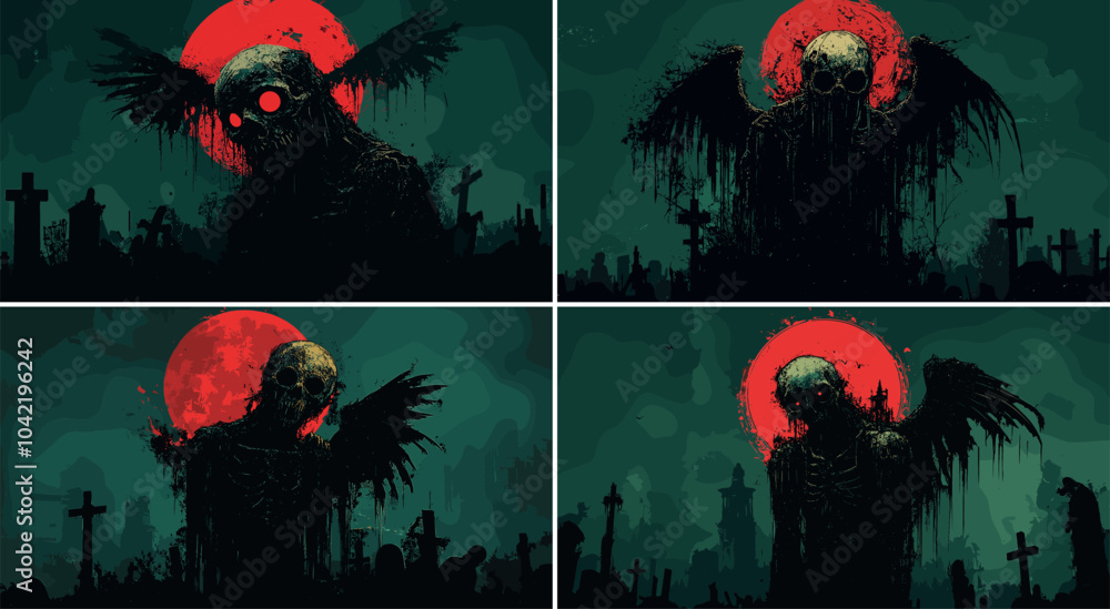 Undead cemetery monster cartoon vector concepts. Cross blood moon wings ...