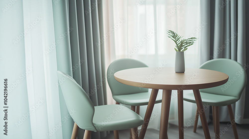 Two mint color chairs at round wooden dining table against window ...