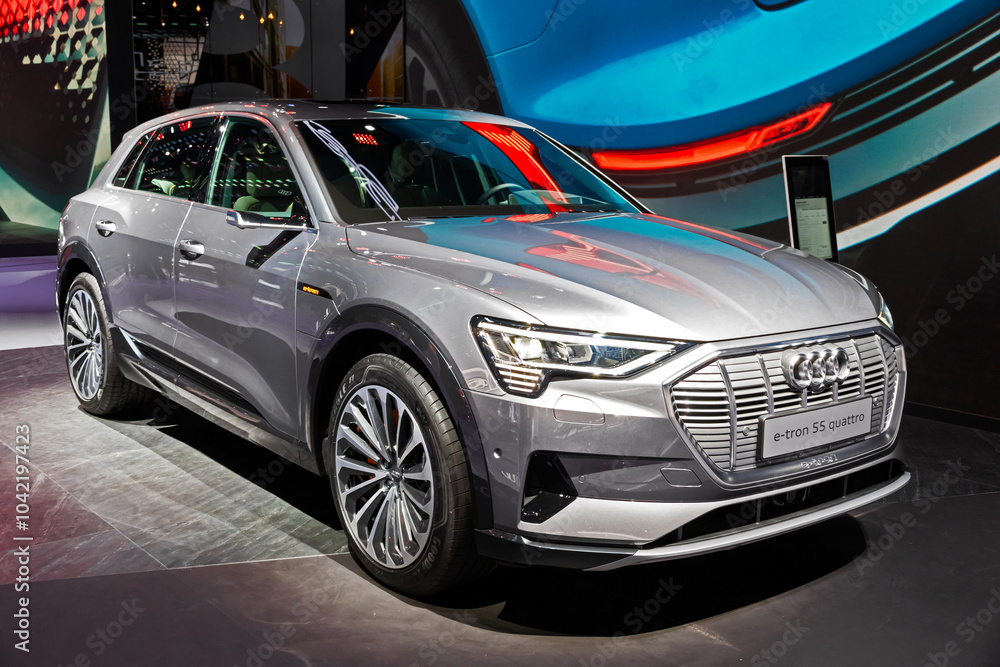 Audi E-tron 55 quattro electric SUV car at the Frankfurt IAA Motor Show. Stock Photo | Adobe Stock