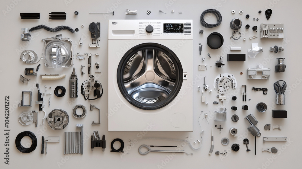 Disassembled Washing Machine Parts and Components on White Background ...